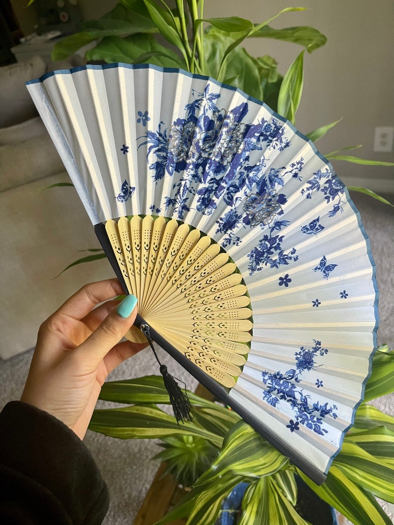 Floral Blue Folding Hand Fan - Etsy