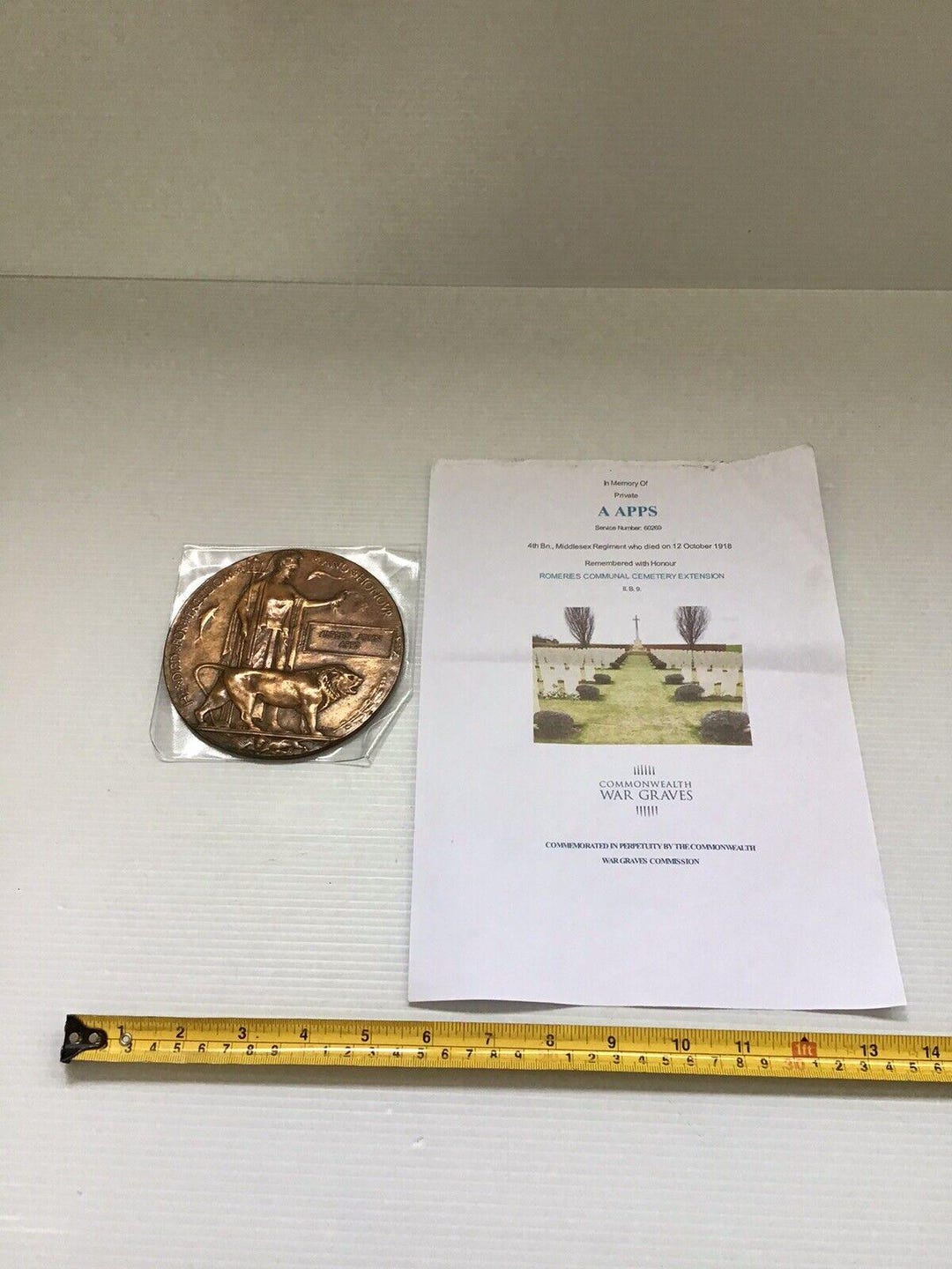 Vintage Preloved WW1 Bronze Death Penny Alfred John Apps With Paperwork ...