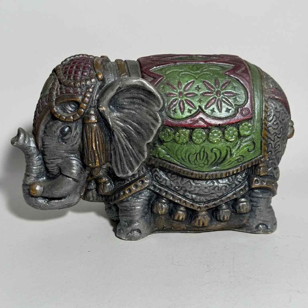 Colorful Hand Painted Chalkware Elephant Statue Figurine / Boho Decor ...