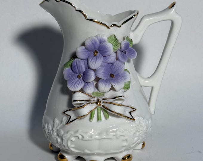 Cottagecore Purple Violets and Bows Creamer / White Ceramic Springtime ...