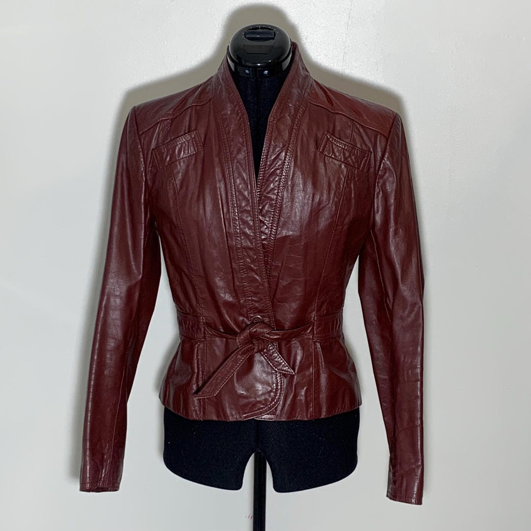 Burgandy Leather Moto Jacket / Tie Front / Bermans / Size 10 - Etsy