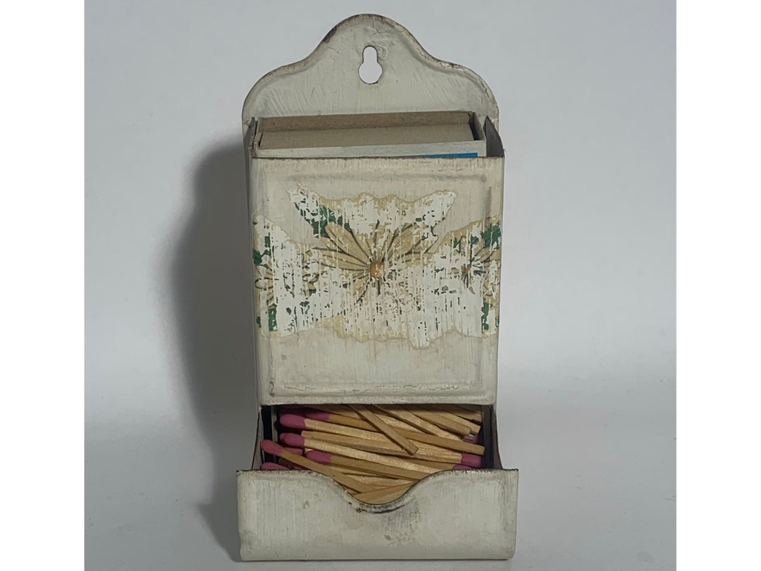 White Floral Metal Matchstick Holder / Primitive / Kitchen Wall Decor ...