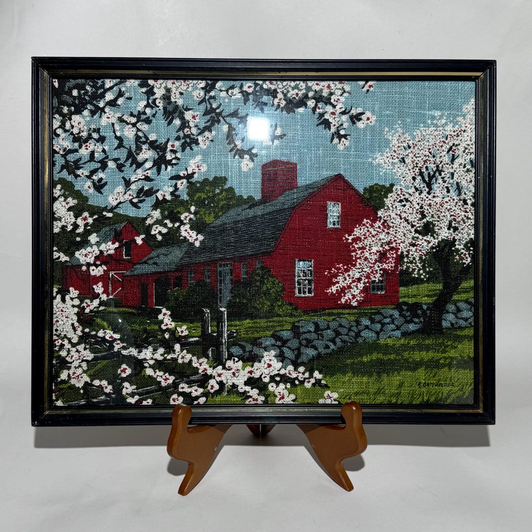 Burlap Red Barn and Cherry Blossom Wall Art / R. Batchelder / Spring ...