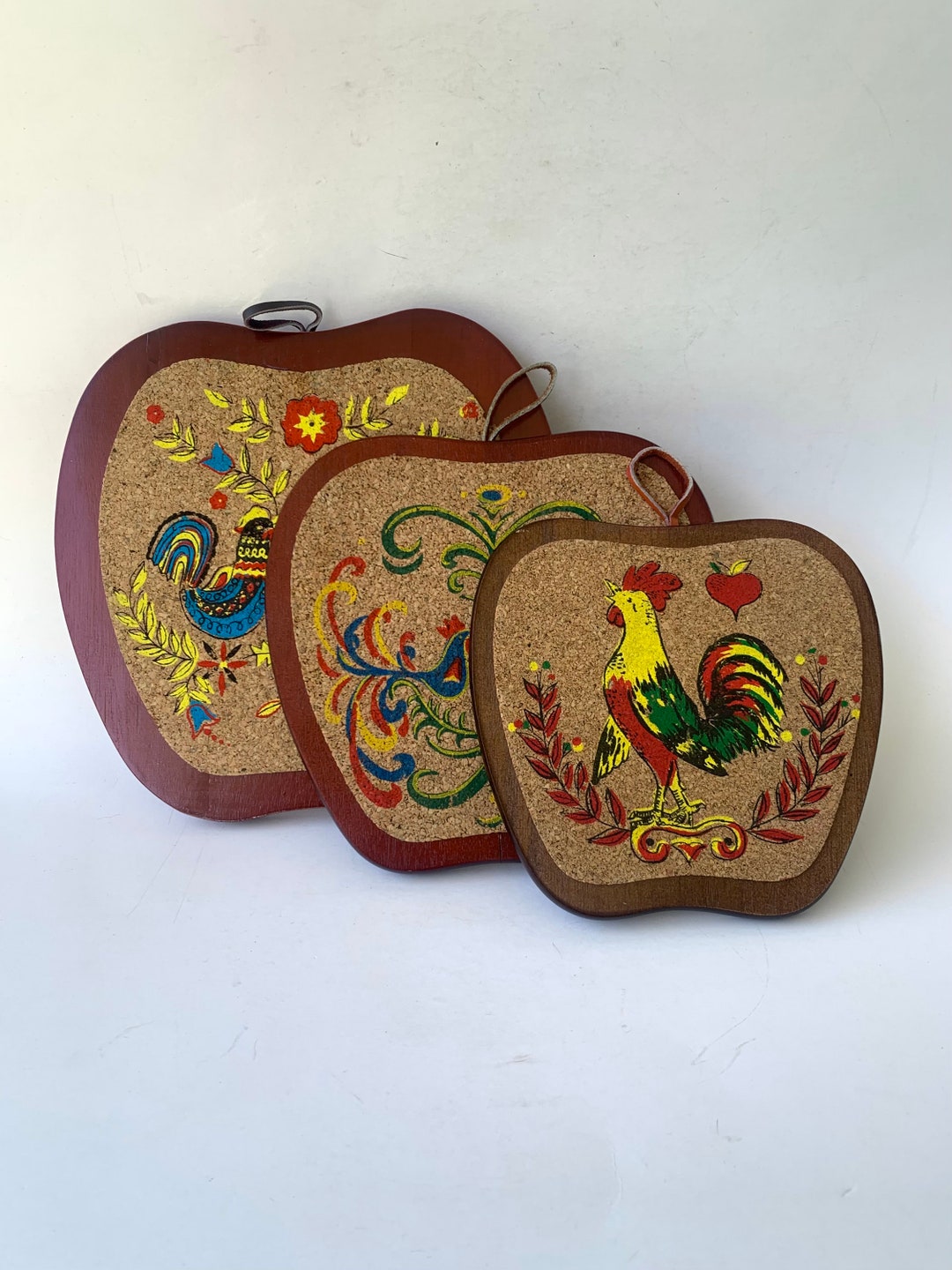 Red Wooden Apple-shaped Rooster Cork-topped Trivets / Set of 3 - Etsy