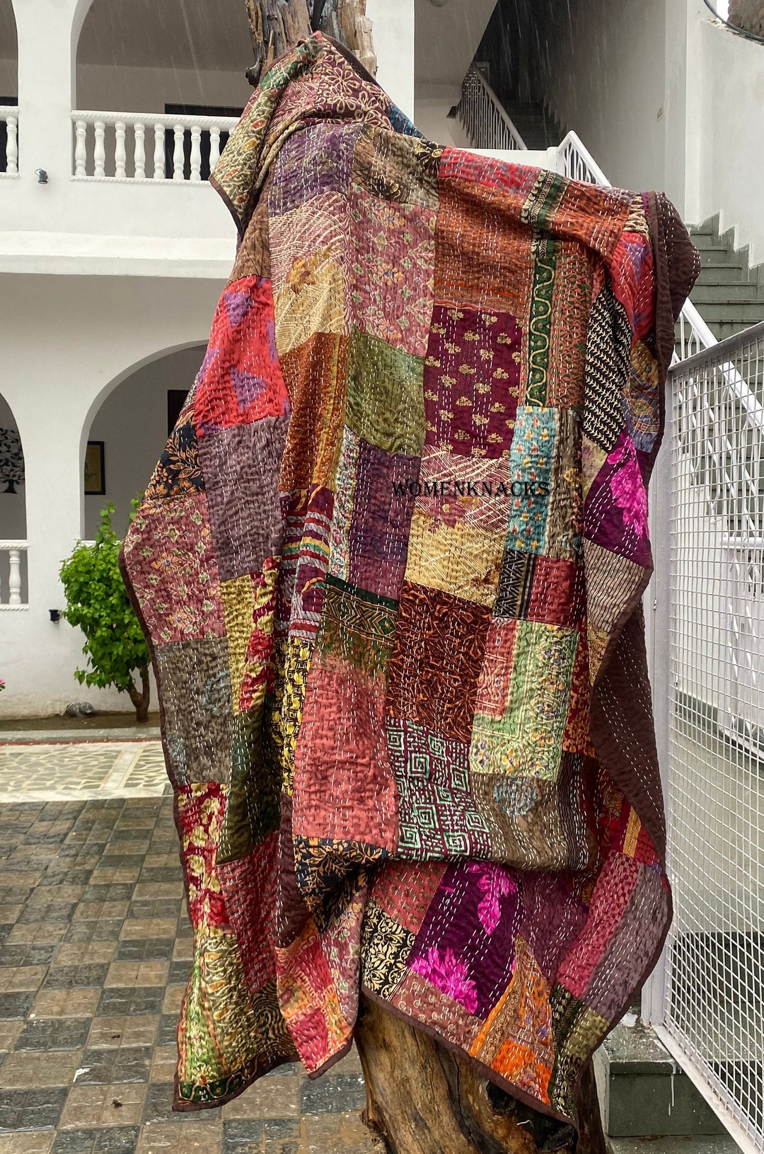 Indian Patchwork Kantha Throw Blanket Handmade Bohemian Bedspread ...