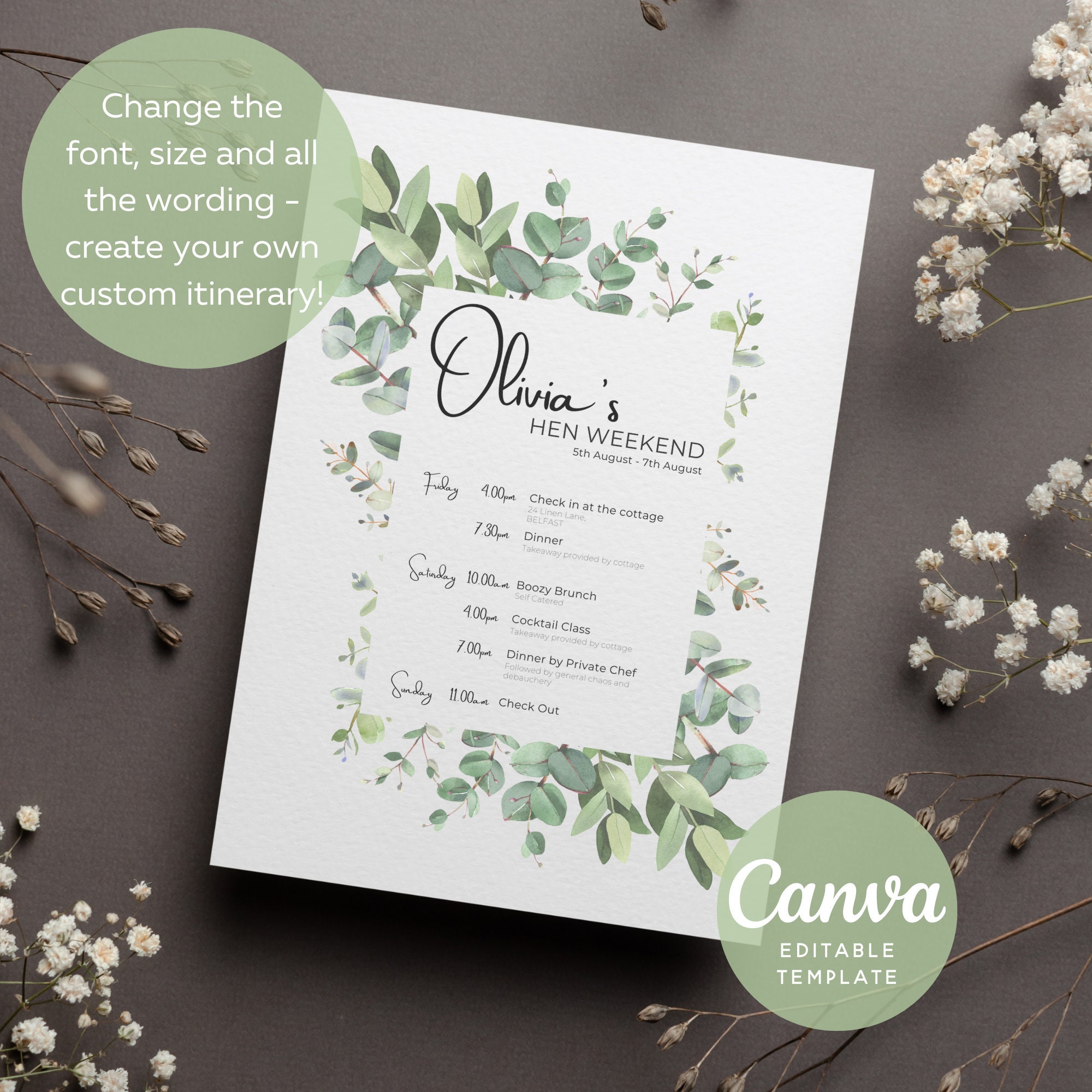 Hen Do Weekend Itinerary Planner Editable Template Eucalyptus - Etsy UK