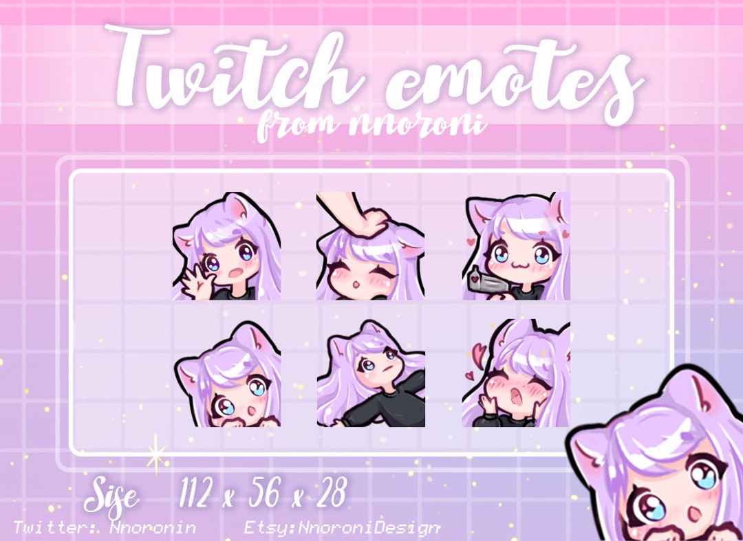 1 set Cute Chibi Cat Girl Emote Purple Hair Blue Eyes Twitch Emotes ...