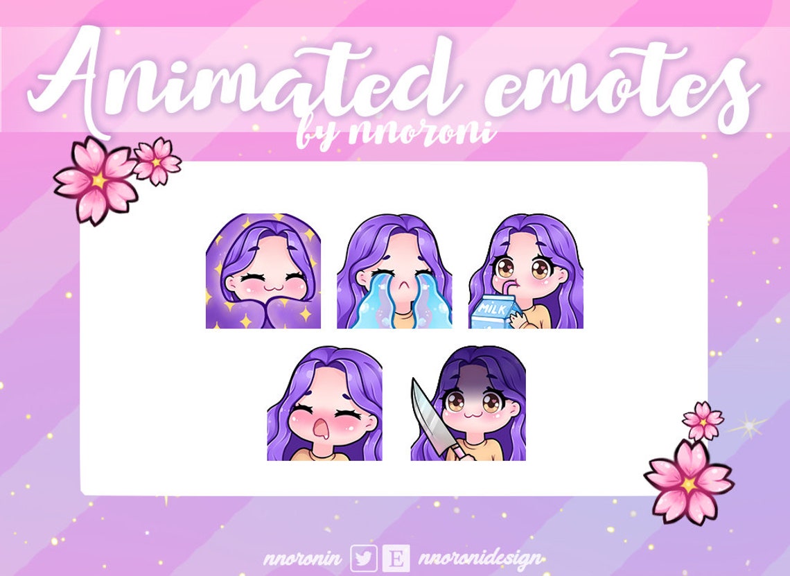 2 ANIMATED Set Cute Chibi Girl Emote Purple Hair Brown Eyes - Etsy