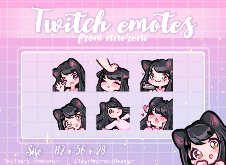 1 Set Cute Chibi Cat Girl Emote - Black Hair Brown Eyes Twitch Emotes ...