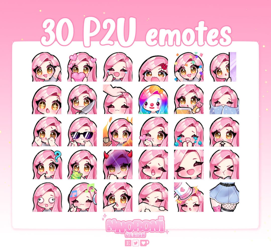 30 Emotes Cute Girl Pink Hair Brown Eyes - Twitch Emotes | Sub Badges ...