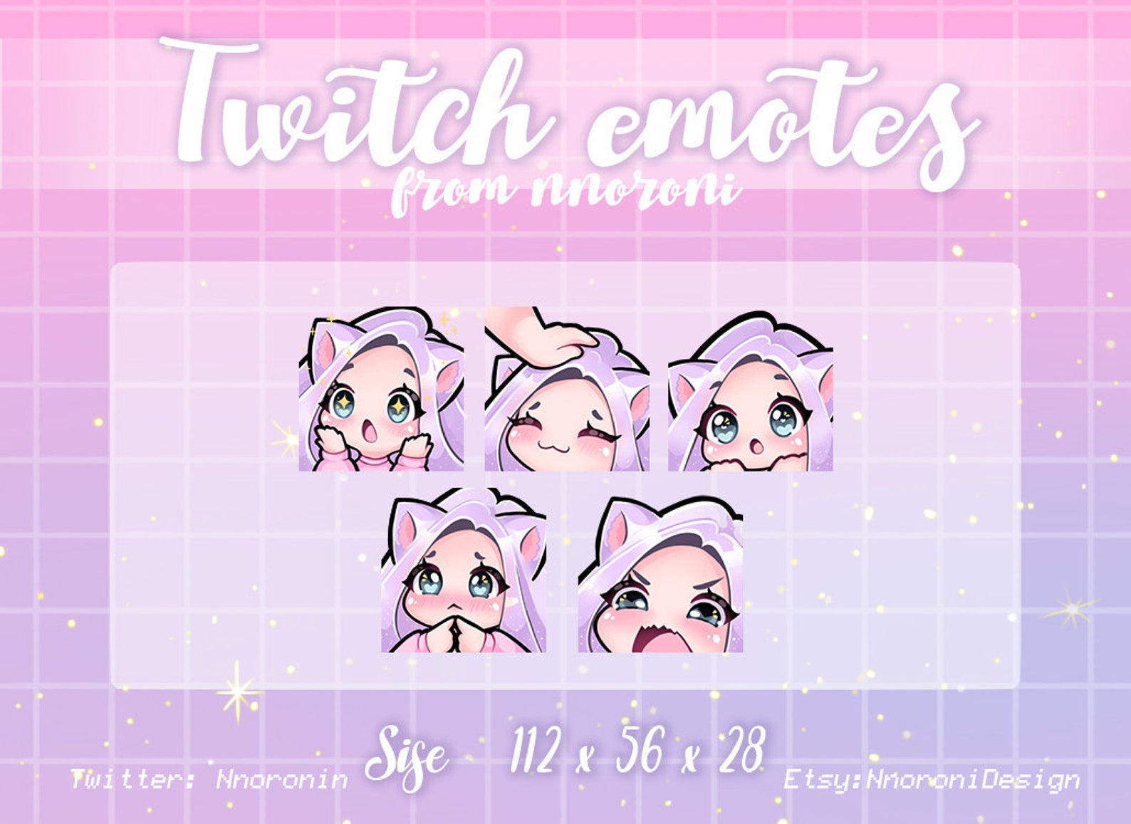 2 Set Cute Chibi Cat Girl Emote - Purple Hair Blue Eyes Twitch Emotes ...