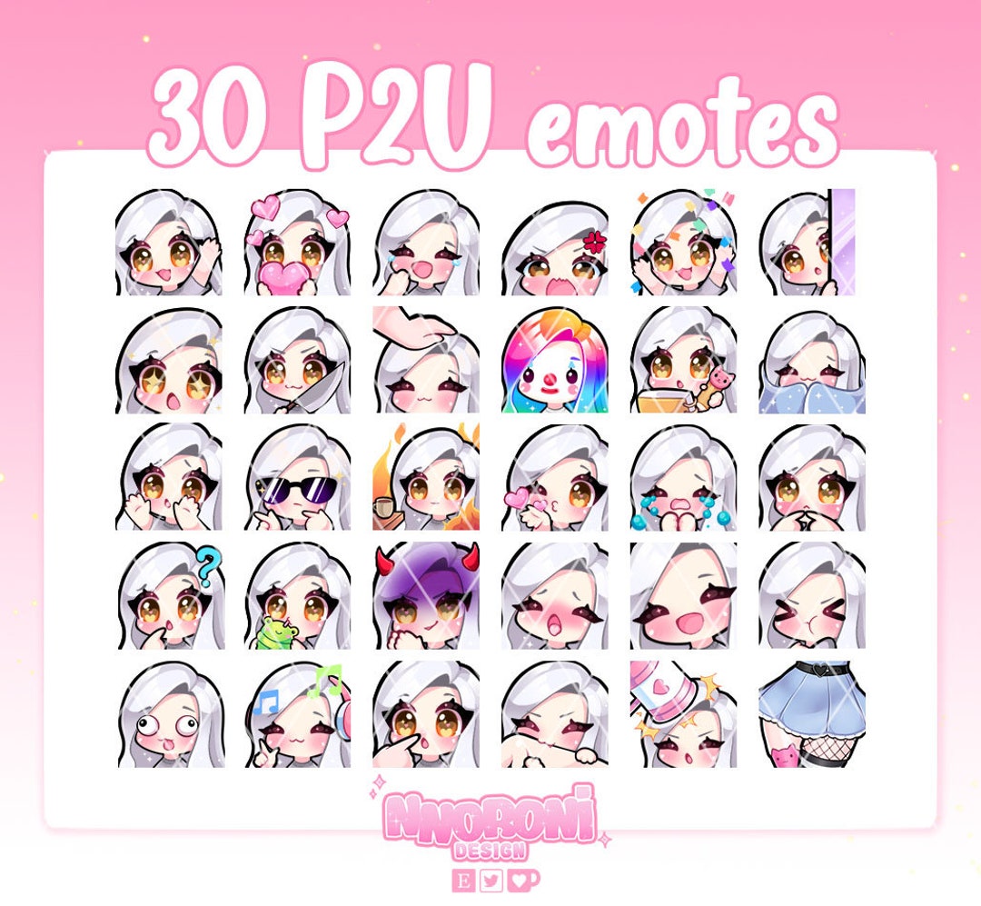 30 Emotes Cute Girl Silver Gray White Hair Brown Eyes - Twitch Emotes ...