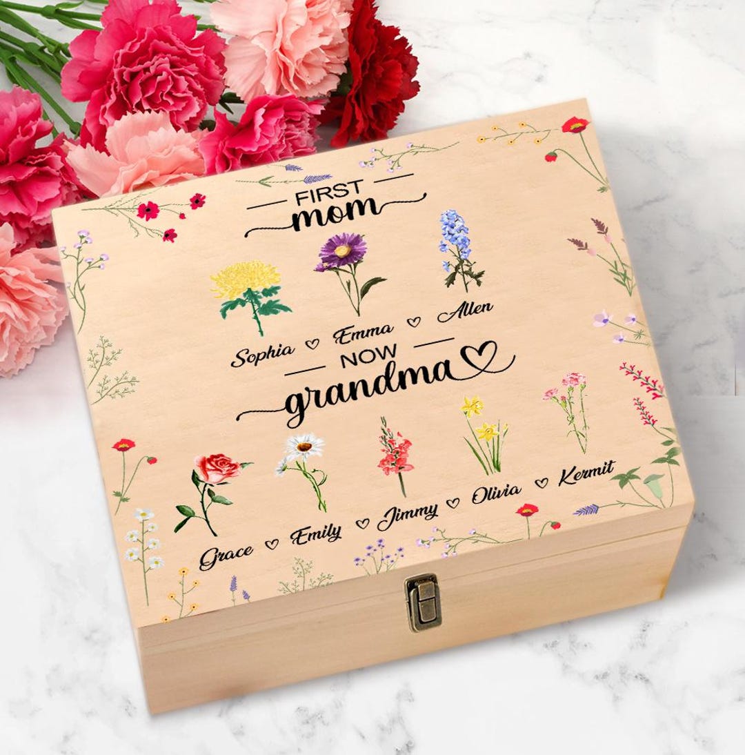 Personalized First Mom Now Grandma Keepsake Box – Custom Birth Flower ...