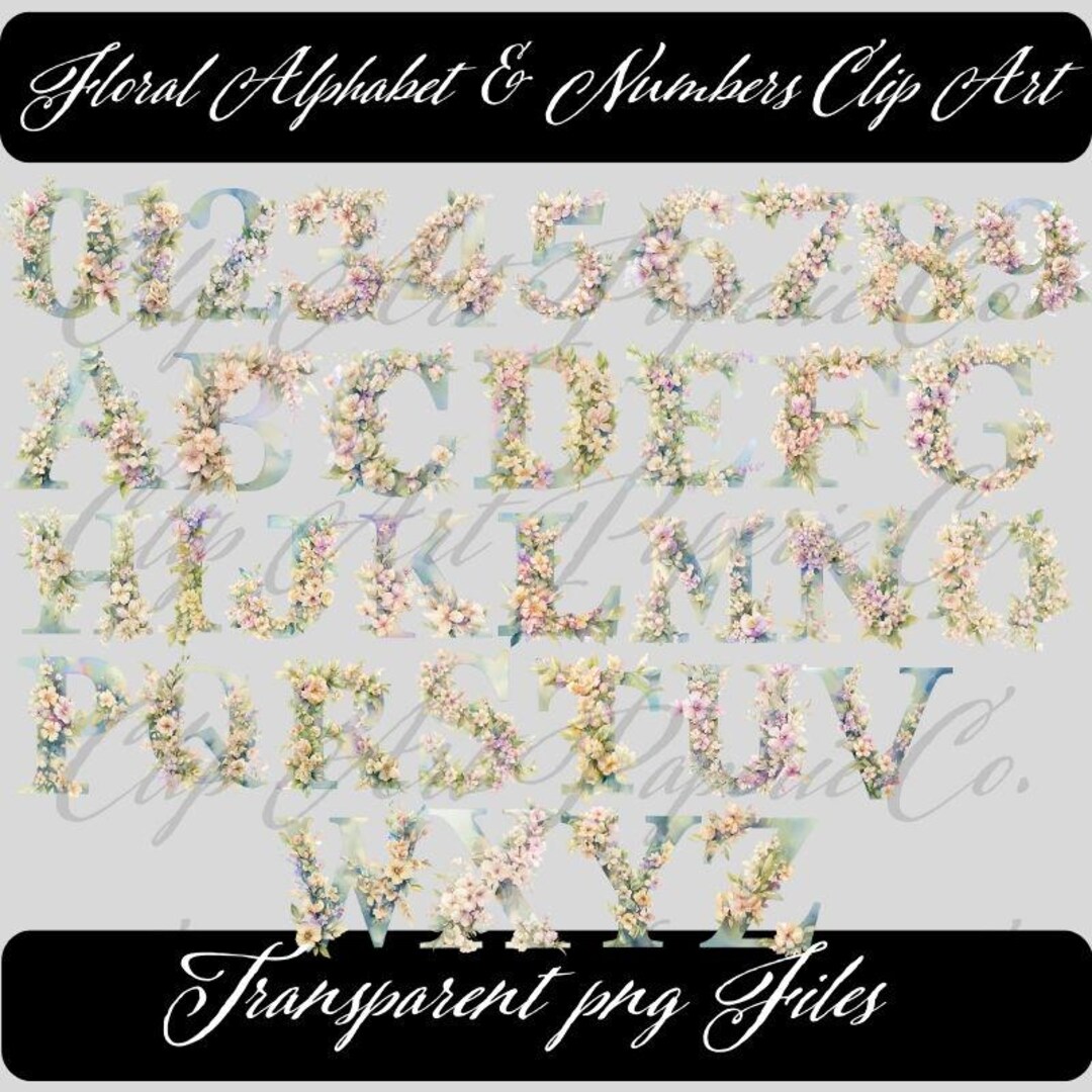 Floral Alphabet & Numbers Clip Art: Transparent PNG Font (digital ...