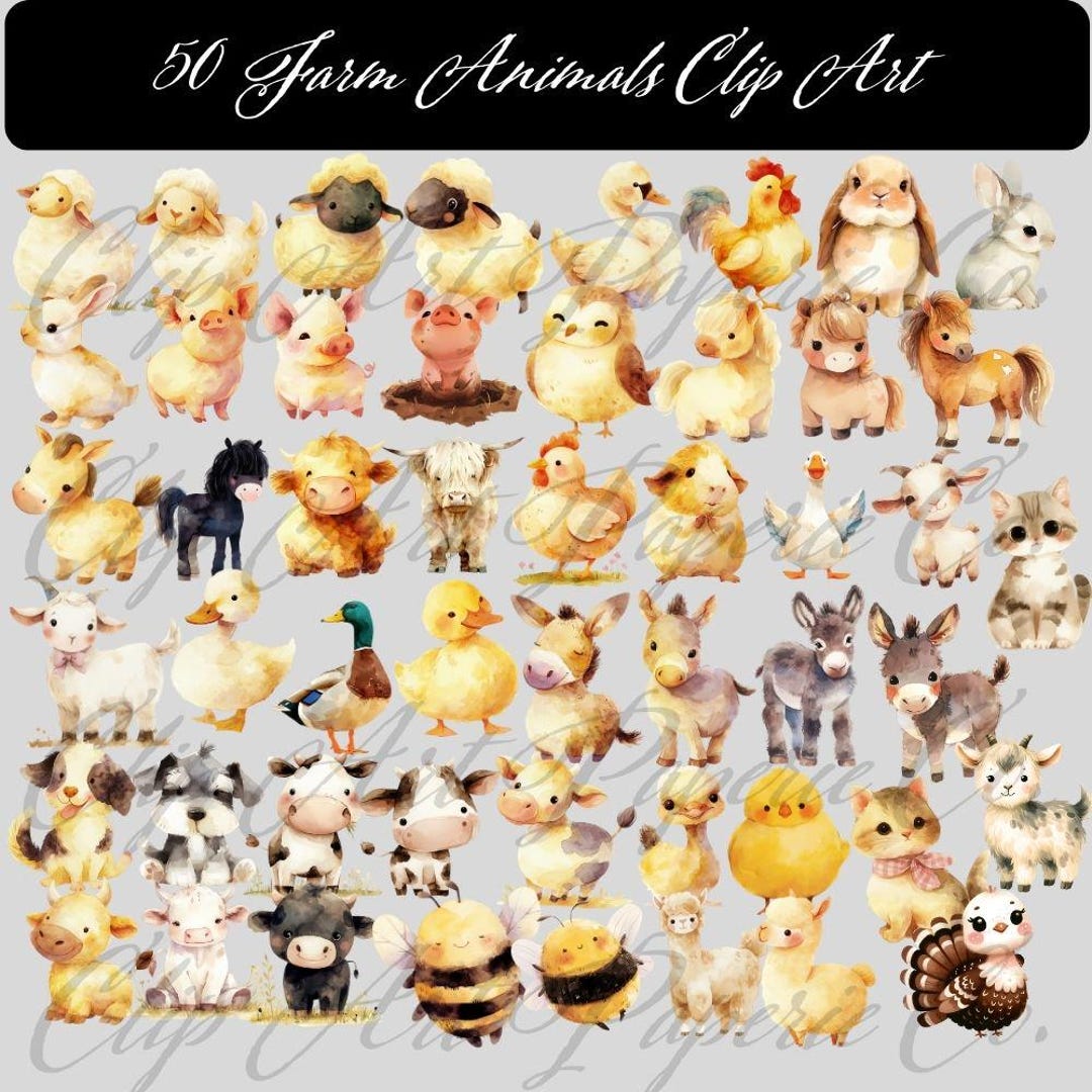 Watercolor Farm Animal Clip Art: 50 PNG Nursery Graphics (digital ...
