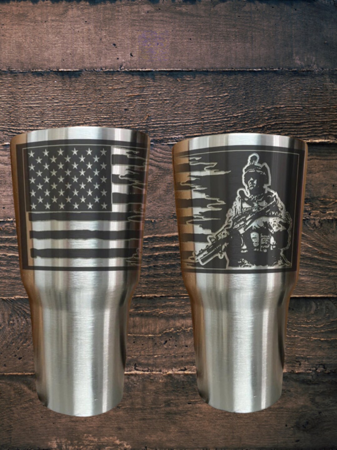 Tattered Flag and Soldier, Laser Engraved Stainless Tumbler, Stainless ...