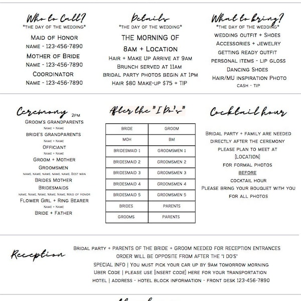Bridal Party Information Sheet Timeline - Etsy