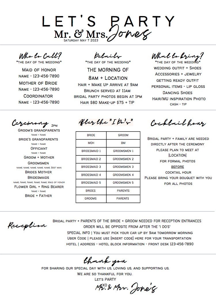 Bridal Party Line Up Sheet