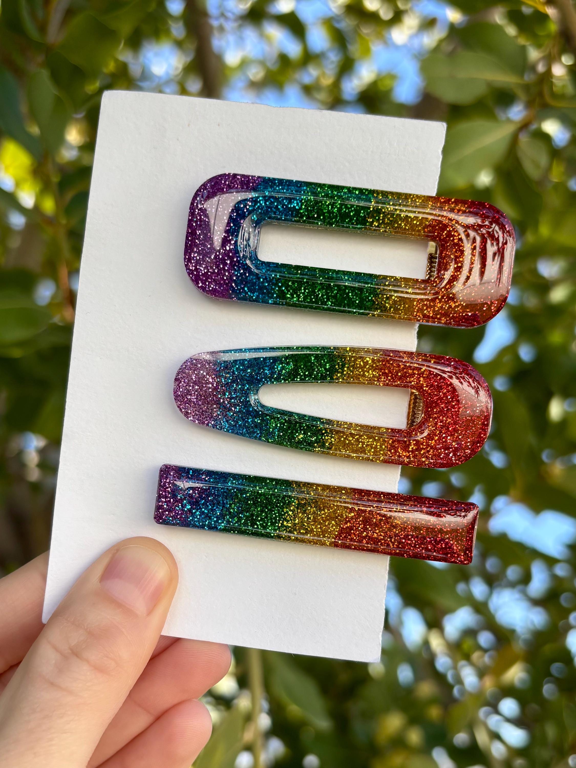 Sparkly Rainbow Striped Resin Hair Clip, Glittery Rainbow Striped Resin ...