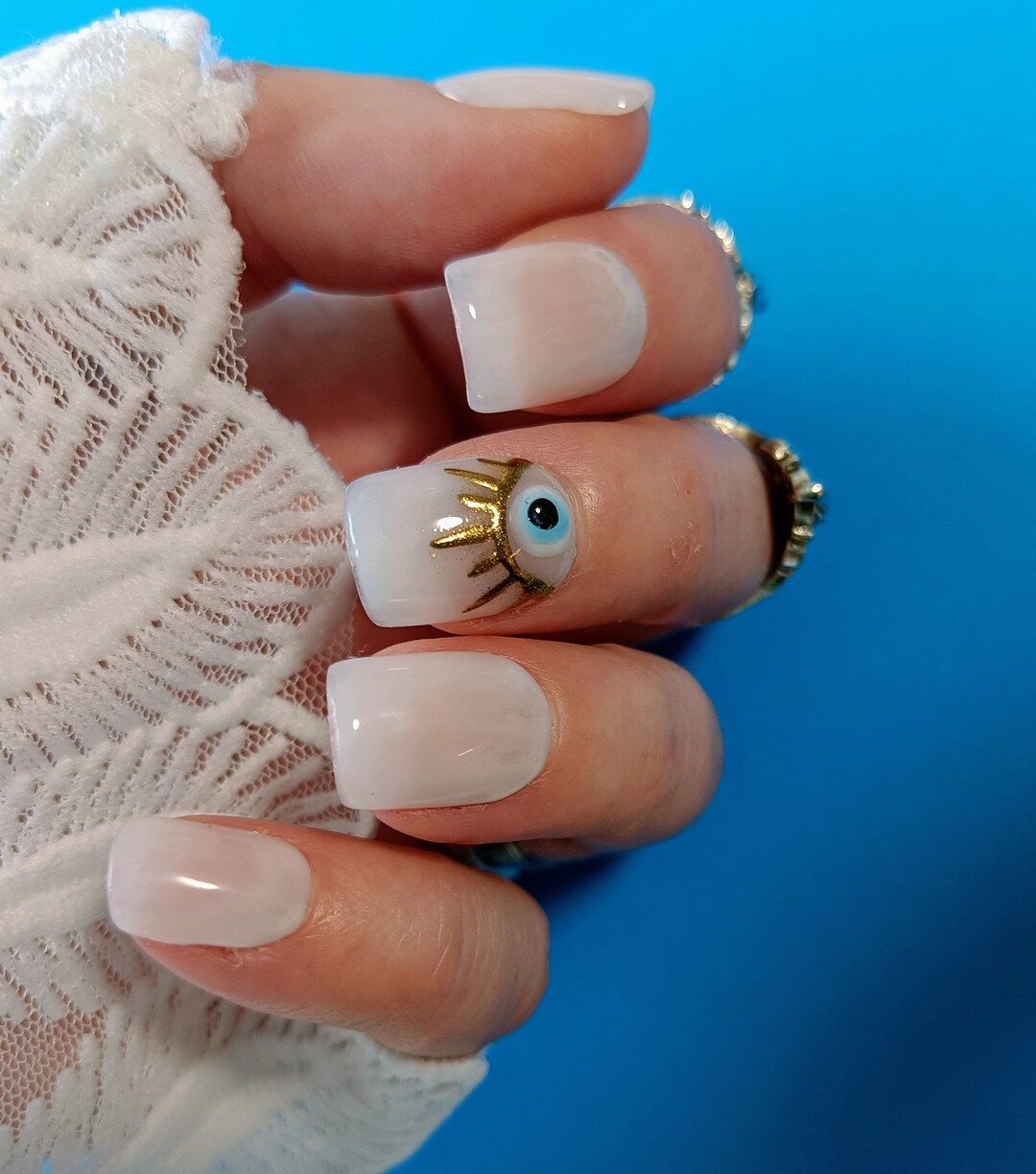 EYE SEE YOU Hand Painted Reusable Press on Nails Milky White Nails Evil ...