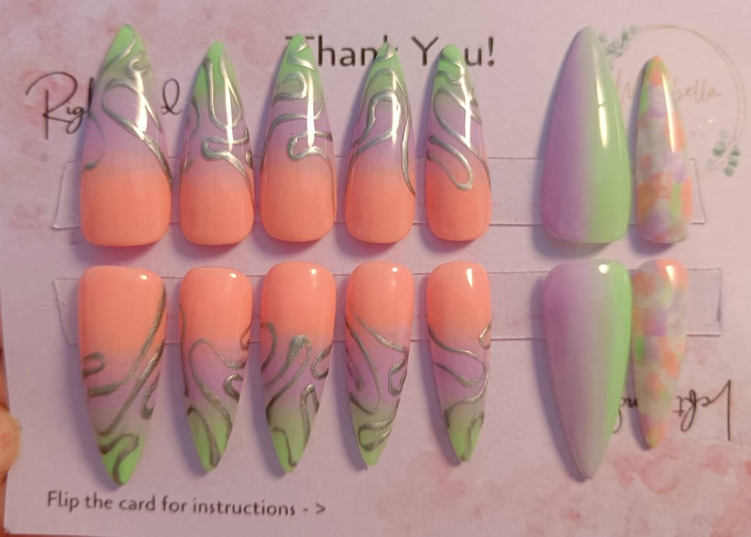 Reusable Press on Nails Molten Metal Nails Ombre Design Handpainted ...