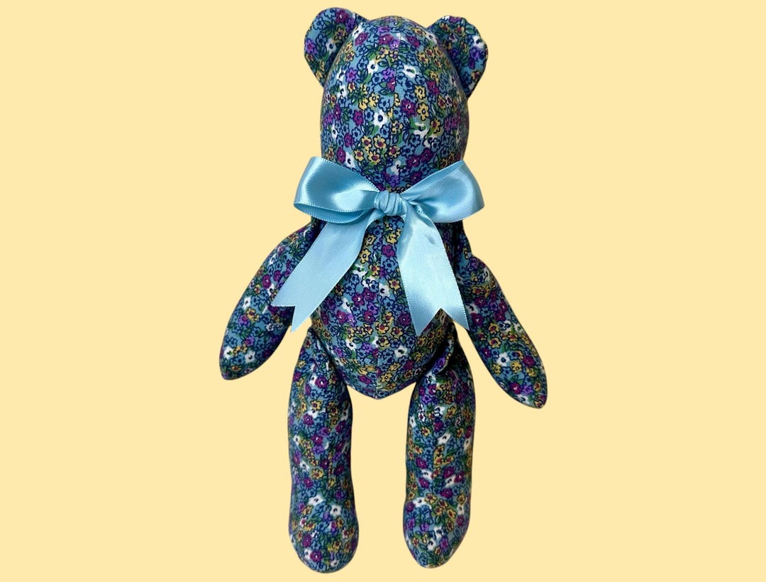 Handmade Blue Floral Teddy Bear: Posable Cotton Stuffed Toy - Etsy