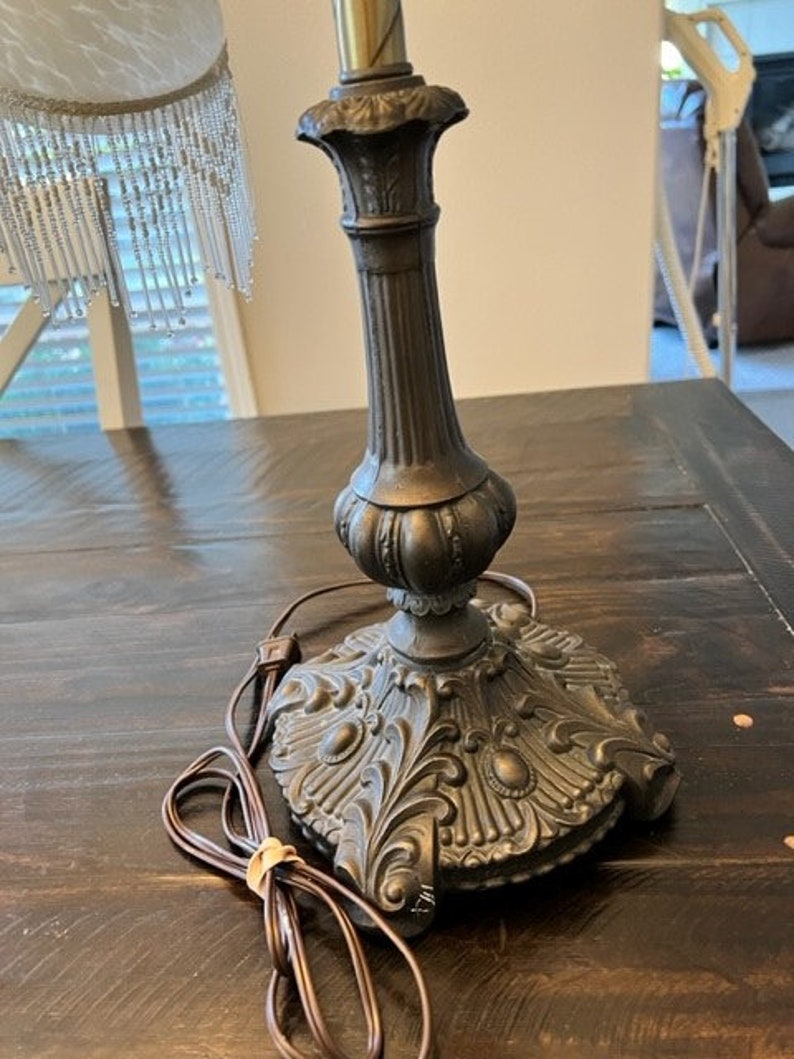 Antique 1910 Circa. Bridge Arm Lamp With Glass Shade and Beaded Fringe ...