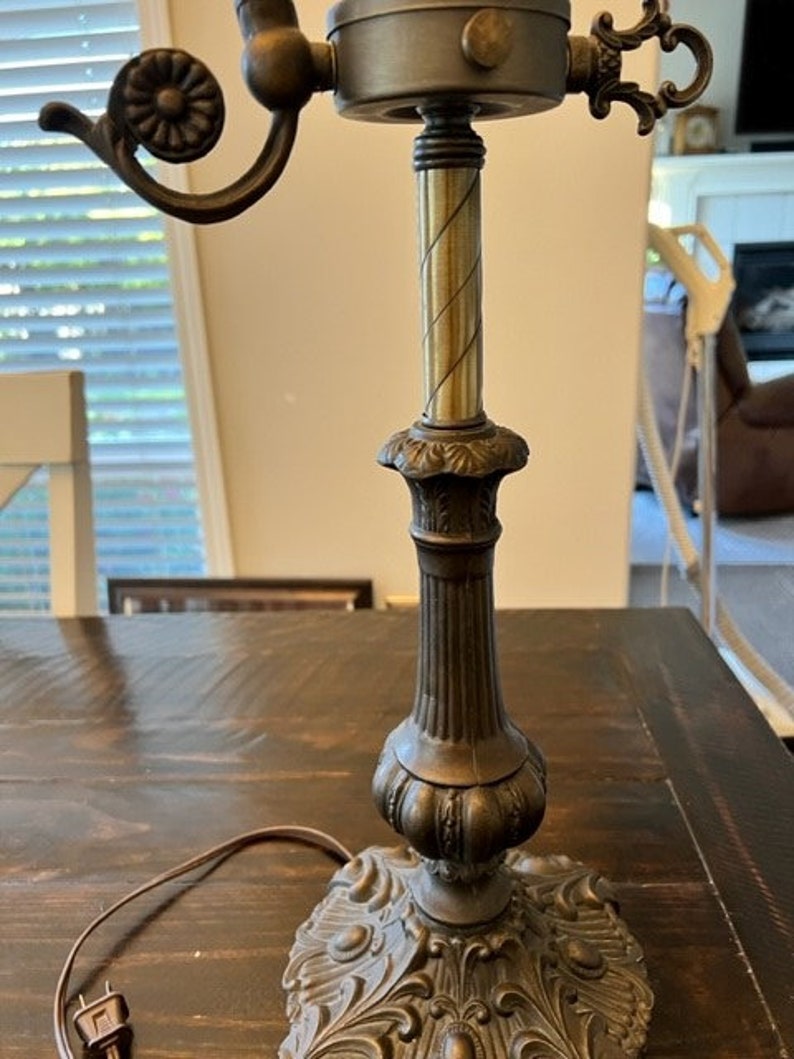 Antique 1910 Circa. Bridge Arm Lamp With Glass Shade and Beaded Fringe ...