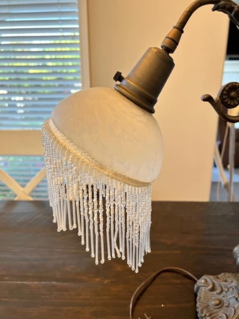 Antique 1910 Circa. Bridge Arm Lamp With Glass Shade and Beaded Fringe ...