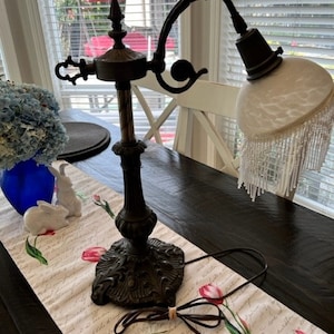 Antique 1910 Circa. Bridge Arm Lamp With Glass Shade and Beaded Fringe ...