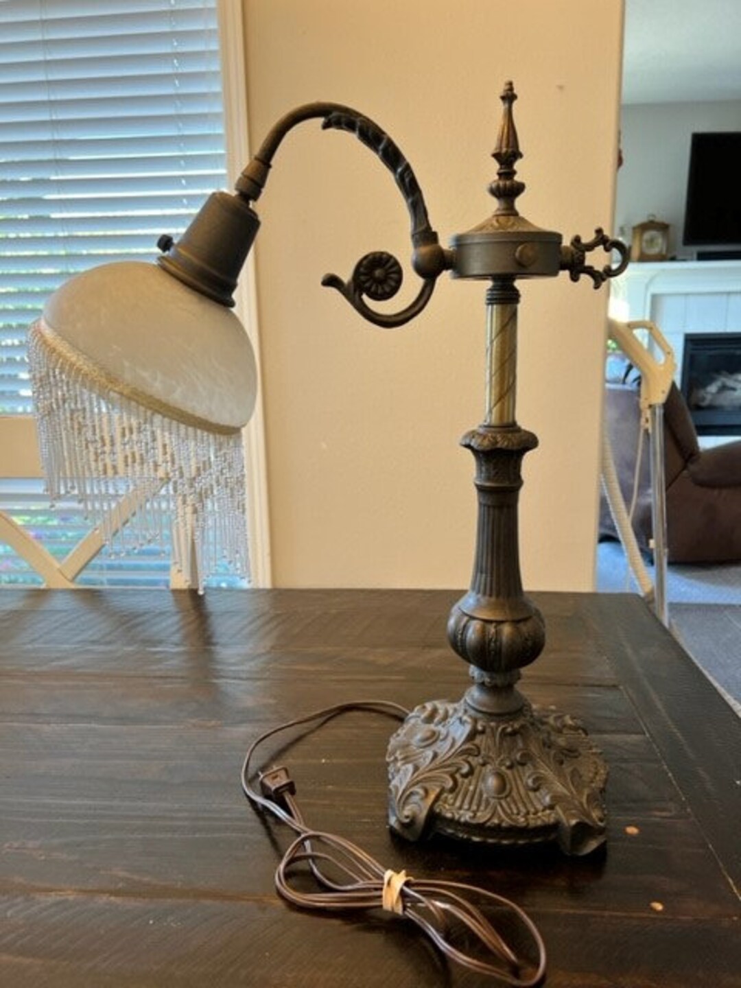 Antique 1910 Circa. Bridge Arm Lamp With Glass Shade and Beaded Fringe ...