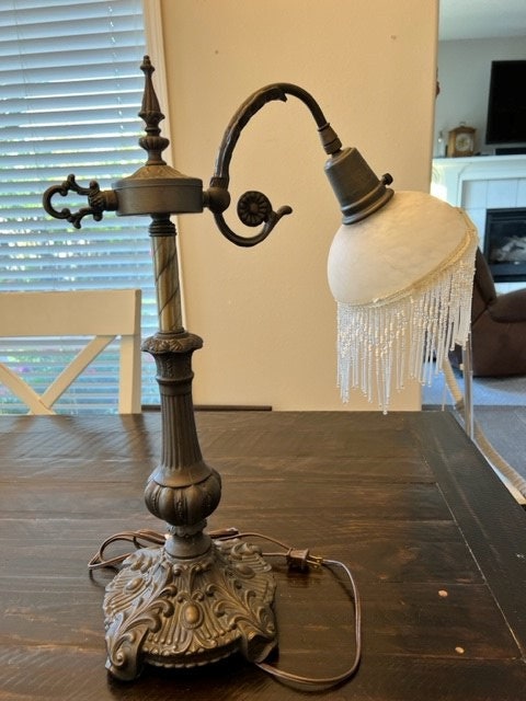 Antique 1910 Circa. Bridge Arm Lamp With Glass Shade and Beaded Fringe ...