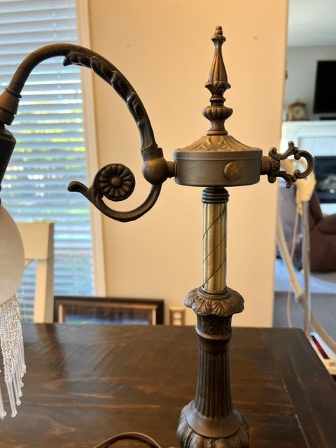 Antique 1910 Circa. Bridge Arm Lamp With Glass Shade and Beaded Fringe ...