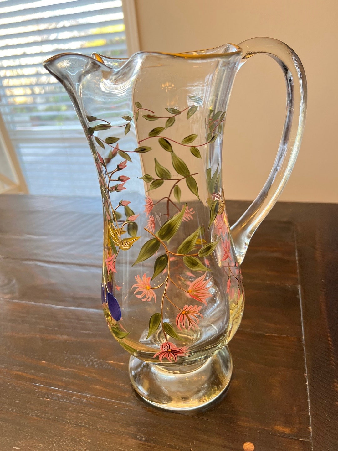 Vintage Romanian Crystal Pitcher. Hand Painted Floral Decor-gold Trim ...