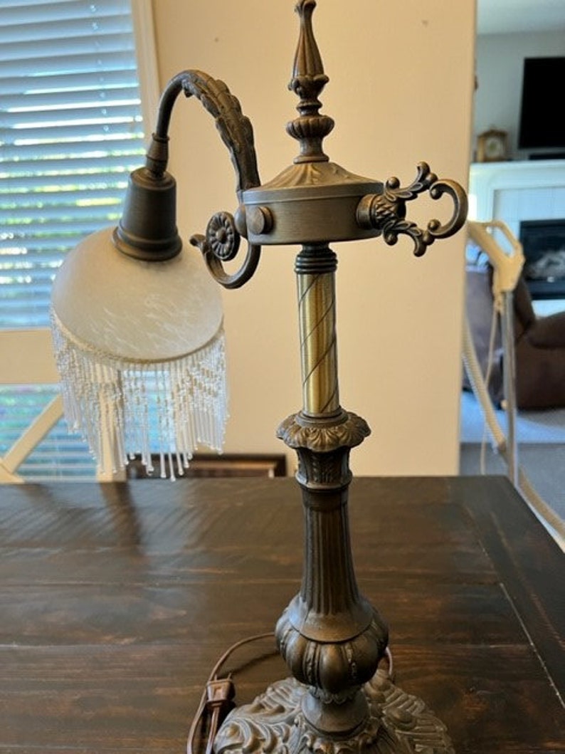Antique 1910 Circa. Bridge Arm Lamp With Glass Shade and Beaded Fringe ...