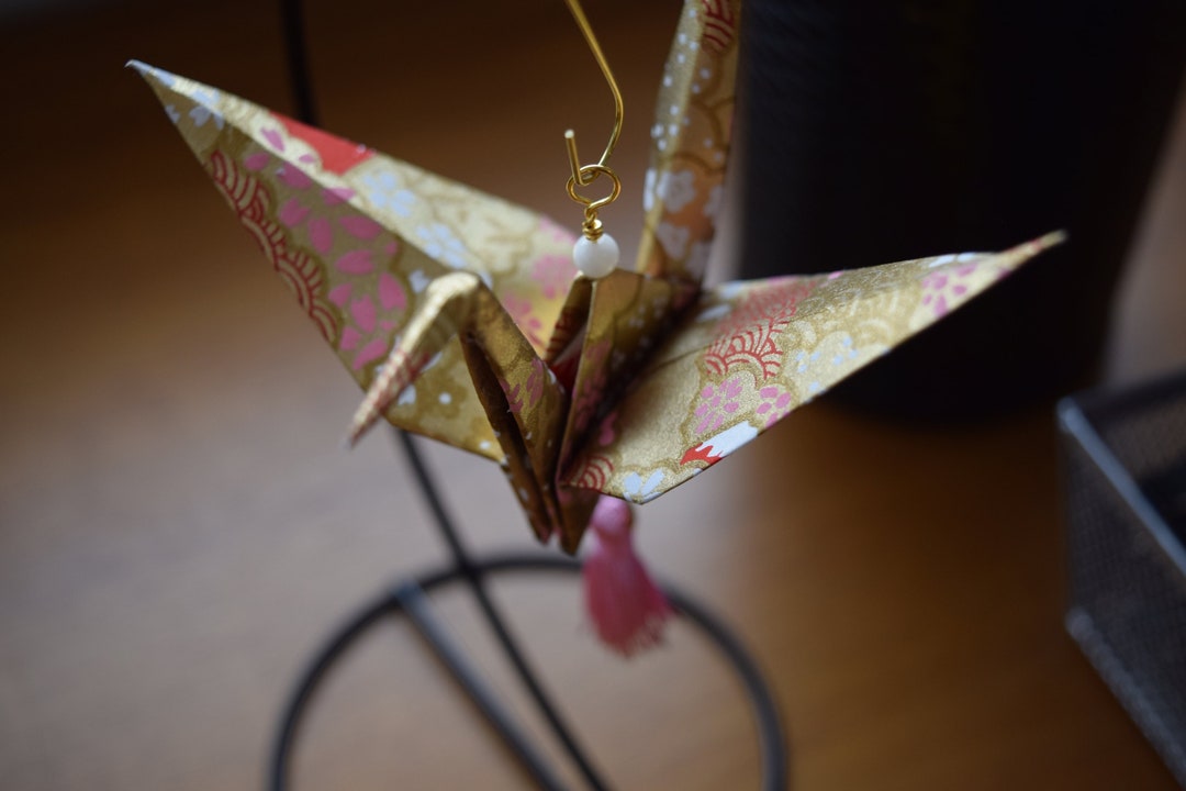 Bright Gold Origami Crane Ornament Paper Hanging Decoration With Tassel ...