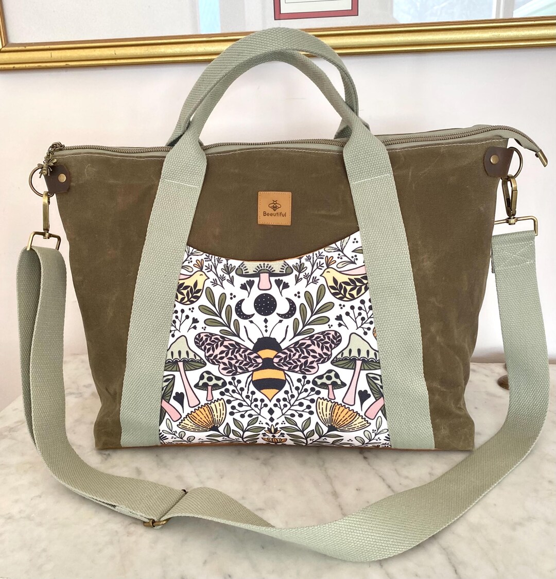 Olive Green Waxed Canvas Tote Bag, Bee Pocket, Crossbody Oxbow Tote - Etsy