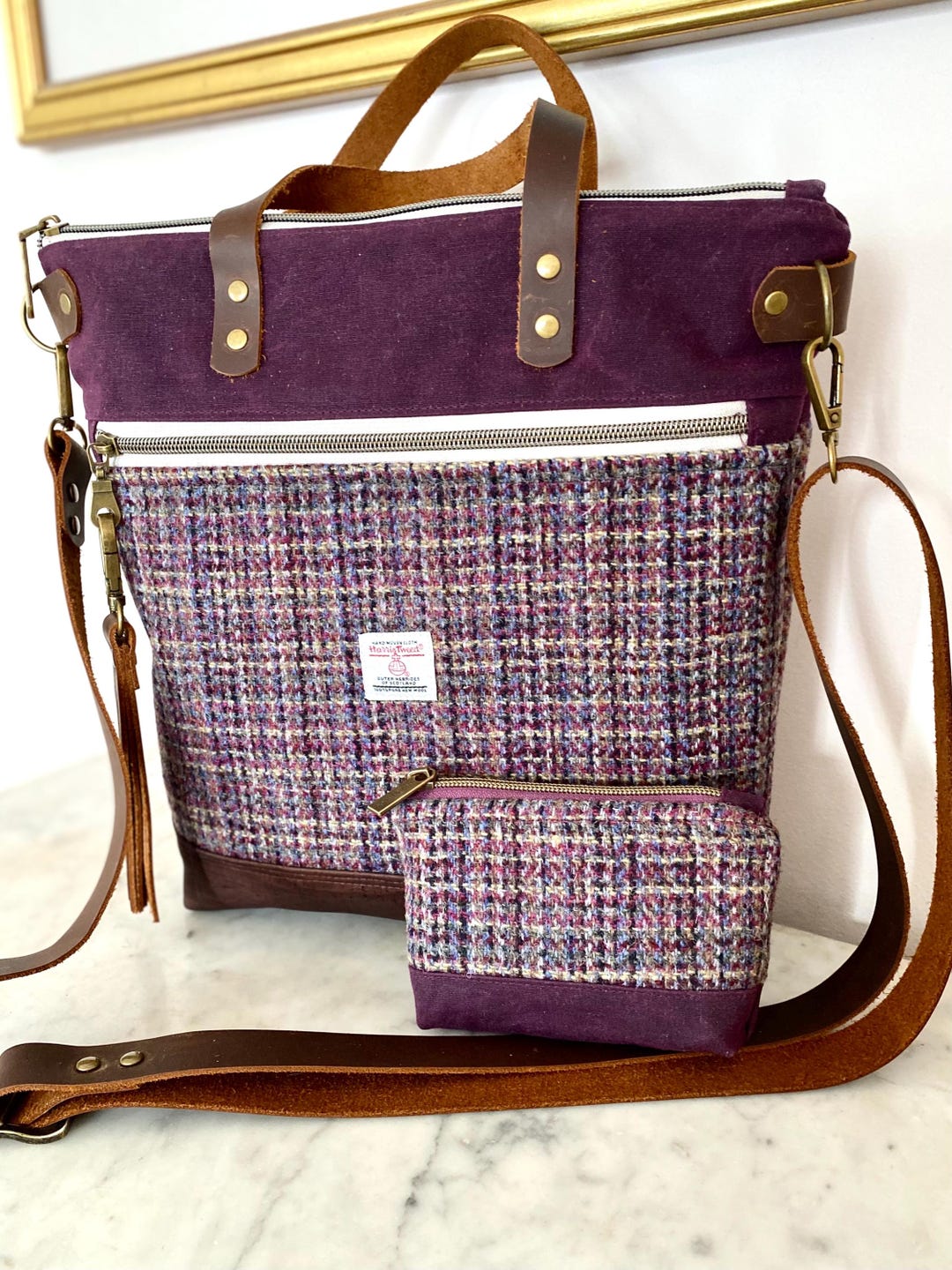 Harris Tweed Crossbody Tote Bag: Waxed Canvas & Leather, Coin Purse ...