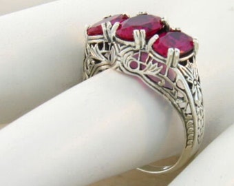 Vintage Art Deco Design Vivid Red Lab Ruby Solitaire Filigree Ring in ...