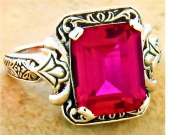Vintage Art Deco Design Vivid Red Lab Ruby Solitaire Filigree Ring in ...