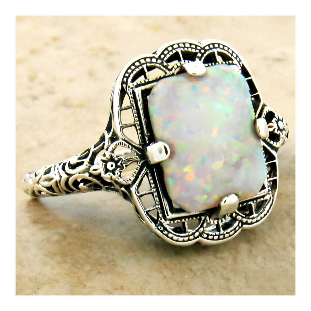 Vintage Estate Opal Cabochon Cut Filigree Ring in 925 Solid Sterling ...