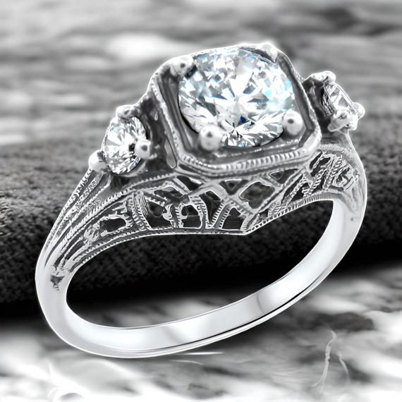 Vintage Three Stone Filigree Ring in 925 Solid Sterling Silver 1.85 Carat Engagement Ring Sparkly Cubic Zirconia Stones 1168 Etsy