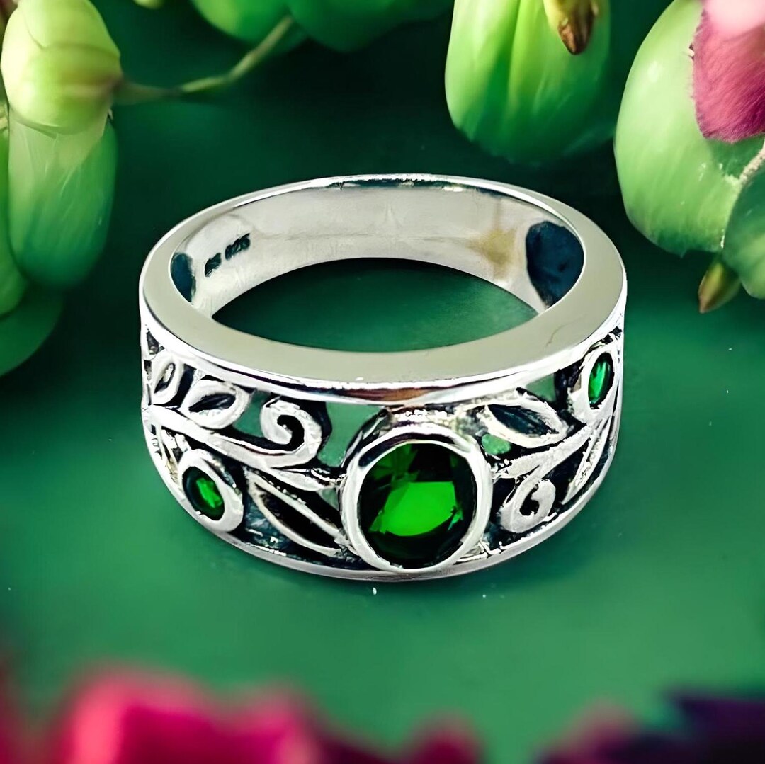Vintage 925 Sterling Silver Simulated Emerald Filigree Ring 1815 - Etsy