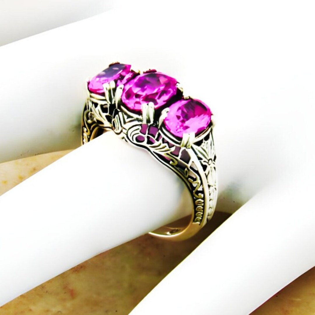 Vintage Estate Three Stone 3.50 Carat Pink Lab Sapphire Filigree Ring ...