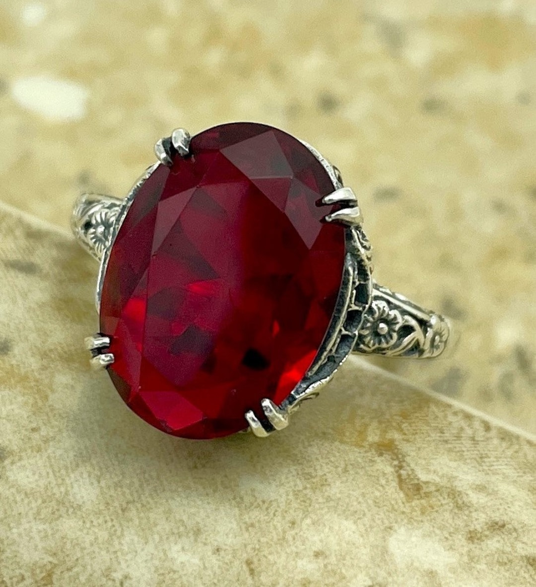 Vintage Deep Red Oval Cut Sim. Ruby in 925 Solid Sterling Silver Ring ...
