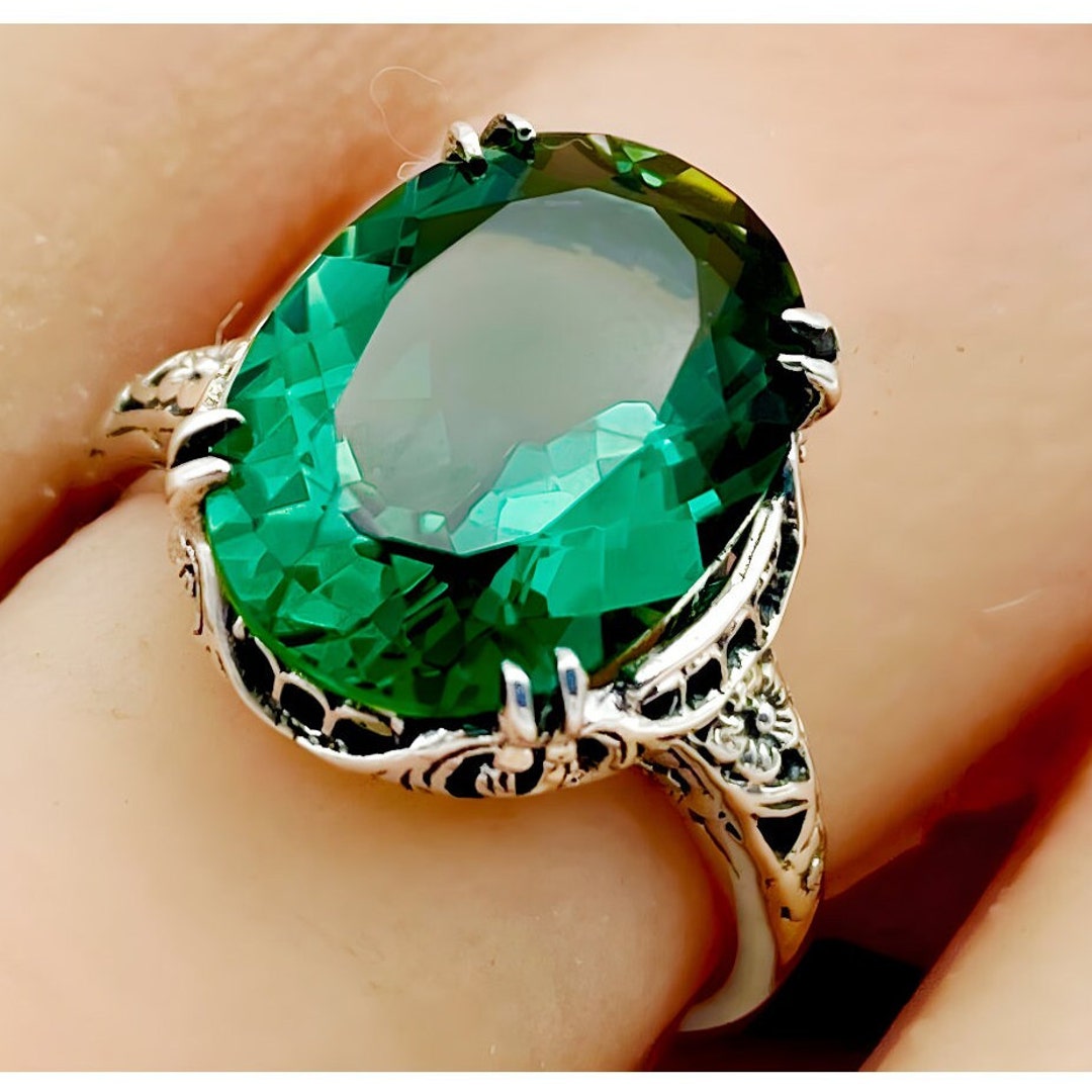 Vintage 4.5 Carat Sim. Emerald Ring: Filigree 925 Sterling Silver ...