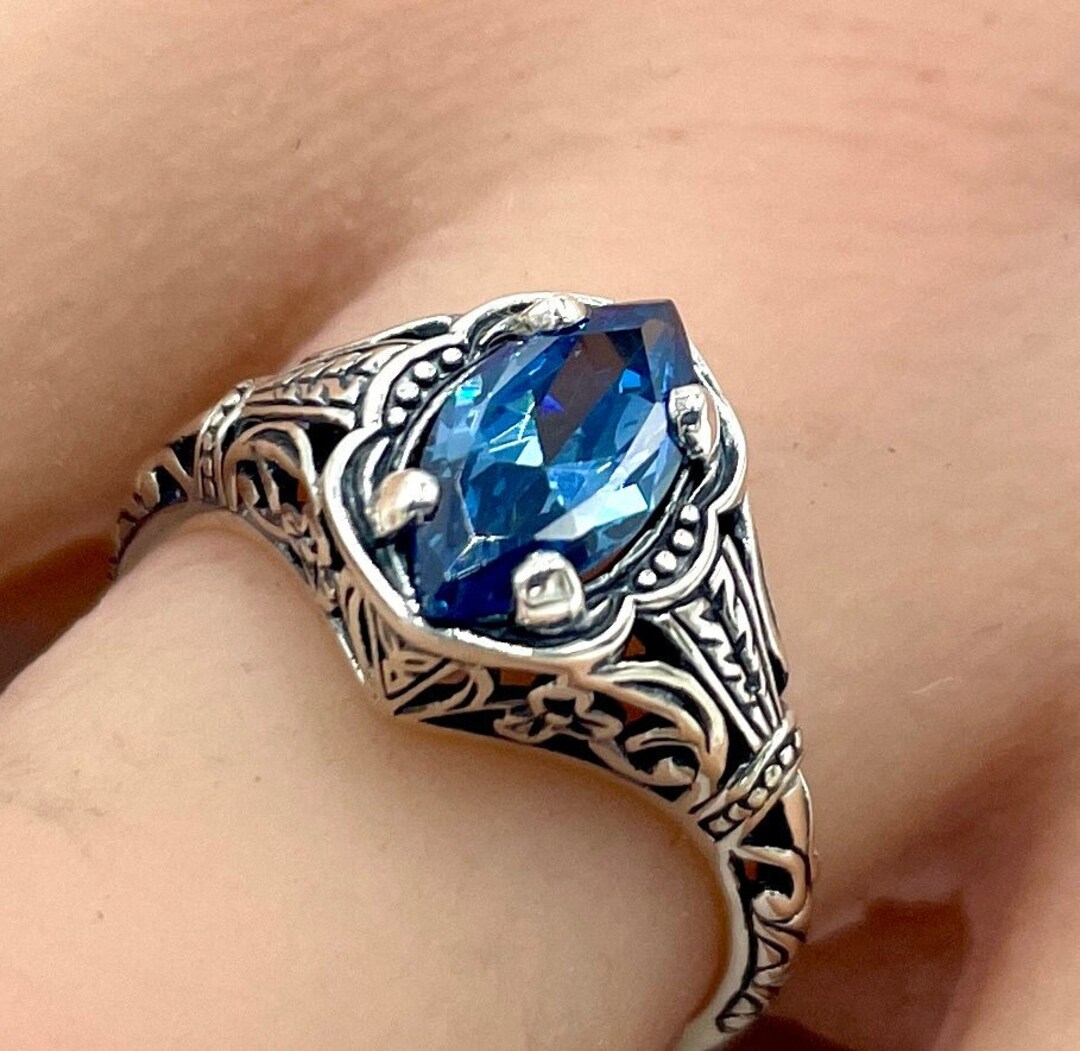 Vintage Ceylon Blue Sim. Sapphire in 925 Solid Sterling Silver Filigree ...