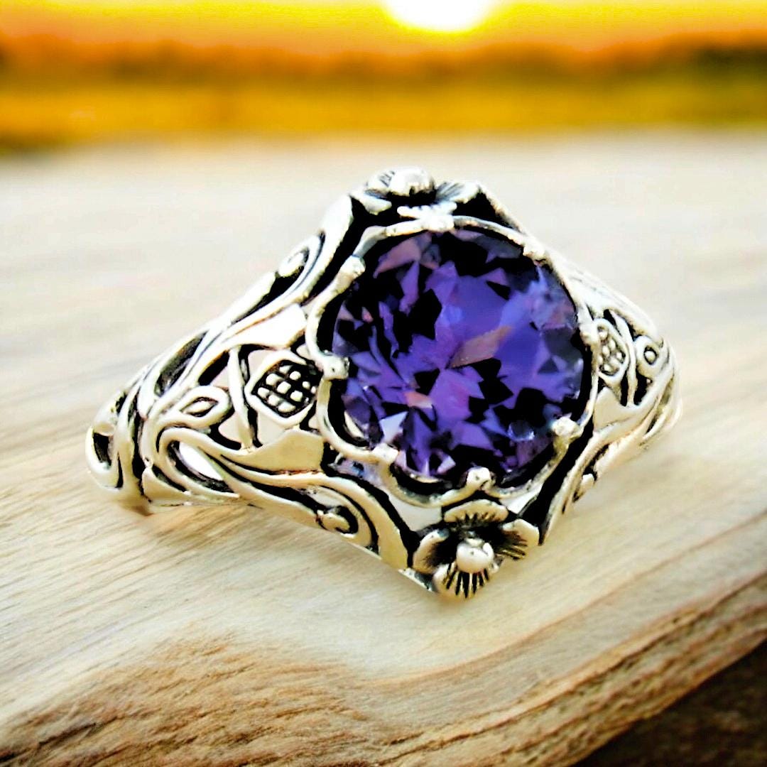Vintage Scottish Thistle Ring Color Changing Alexandrite 925 Sterling ...