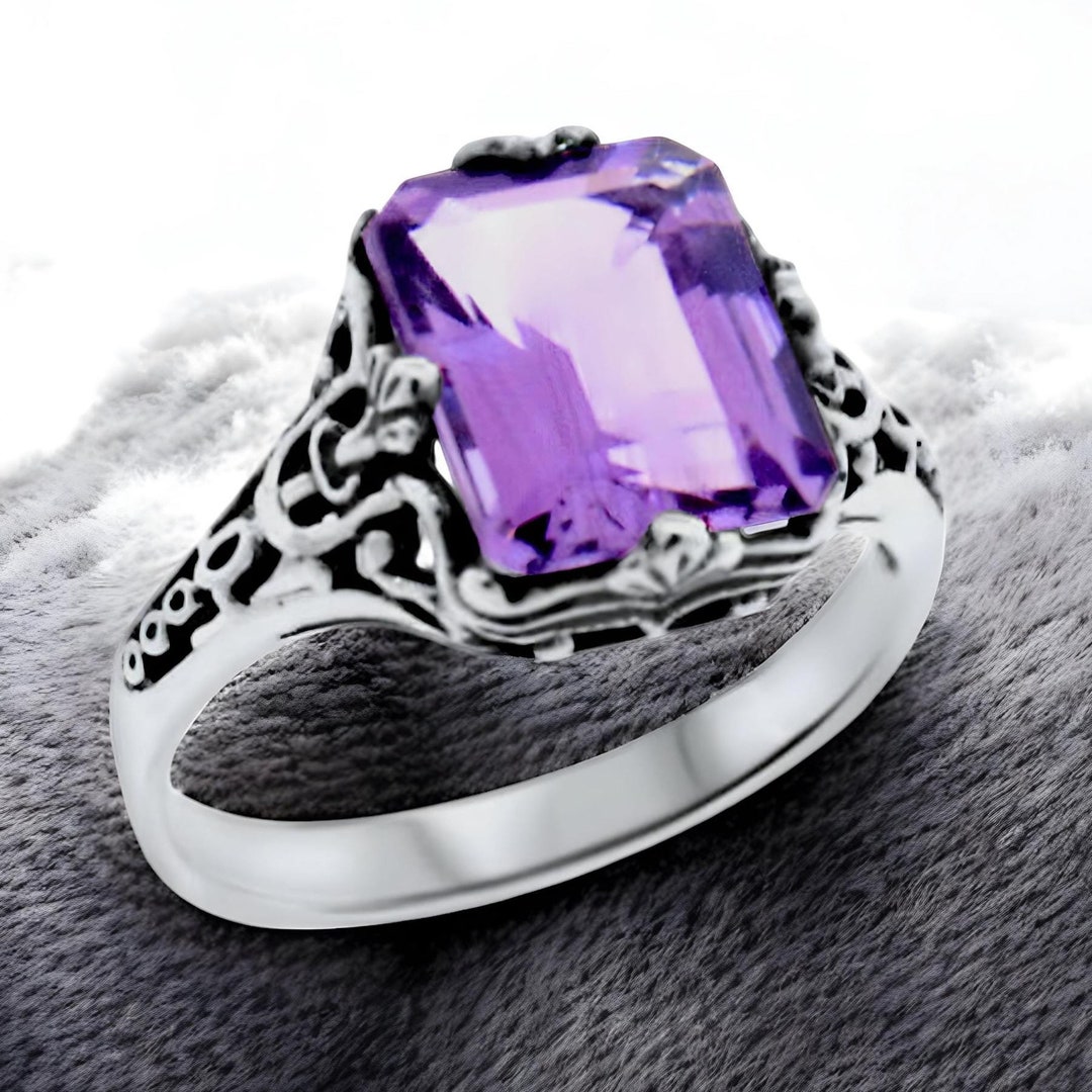 Vintage 2.50 Carat Natural Amethyst Solitaire Ring: 925 Sterling Silver Filigree 998 - Etsy