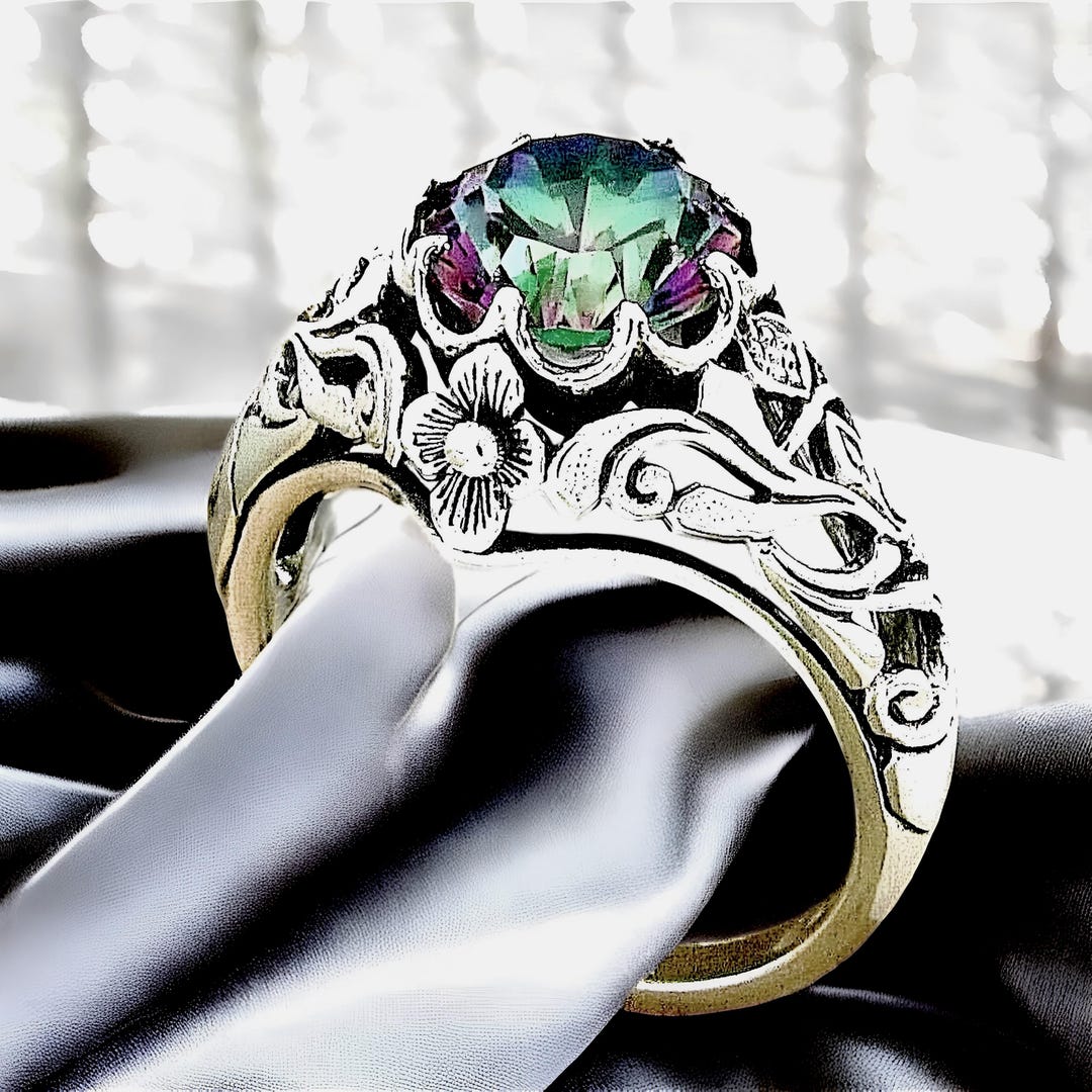 Vintage Scottish Thistle Ring: Rainbow Mystic Quartz, 925 Sterling ...
